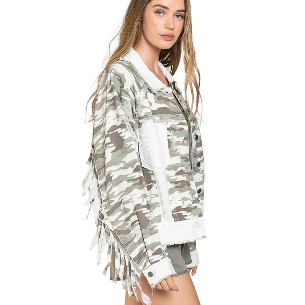 POL CLOTHING CAMO FRINGE JACKET | PURPLE LEOPARD BOUTIQUE
