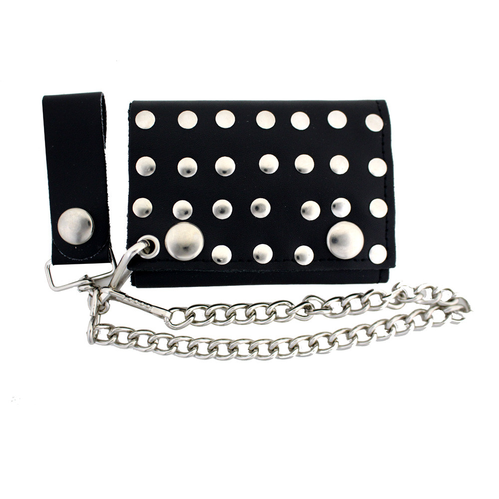 Black Trifold Wallet with Round Rivets and chain.