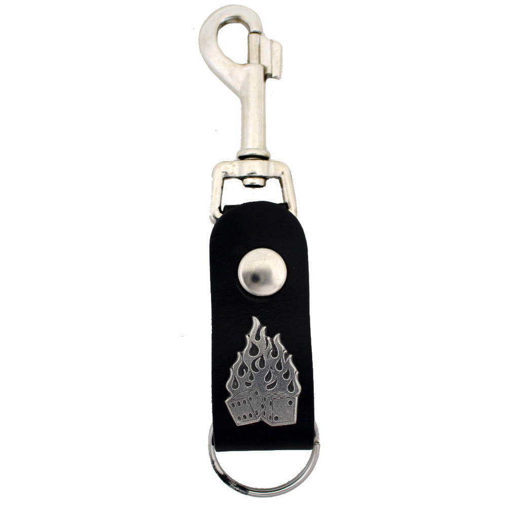 Black Leather Biker Keychain with Metal Dice & Flames
