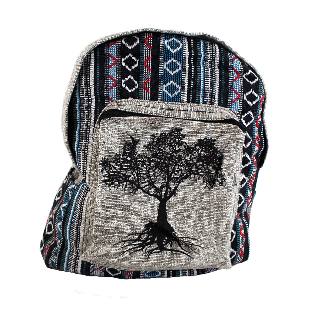Gray Cotton Tree of Life Backpack with Tribal Woven Design - Purple ...