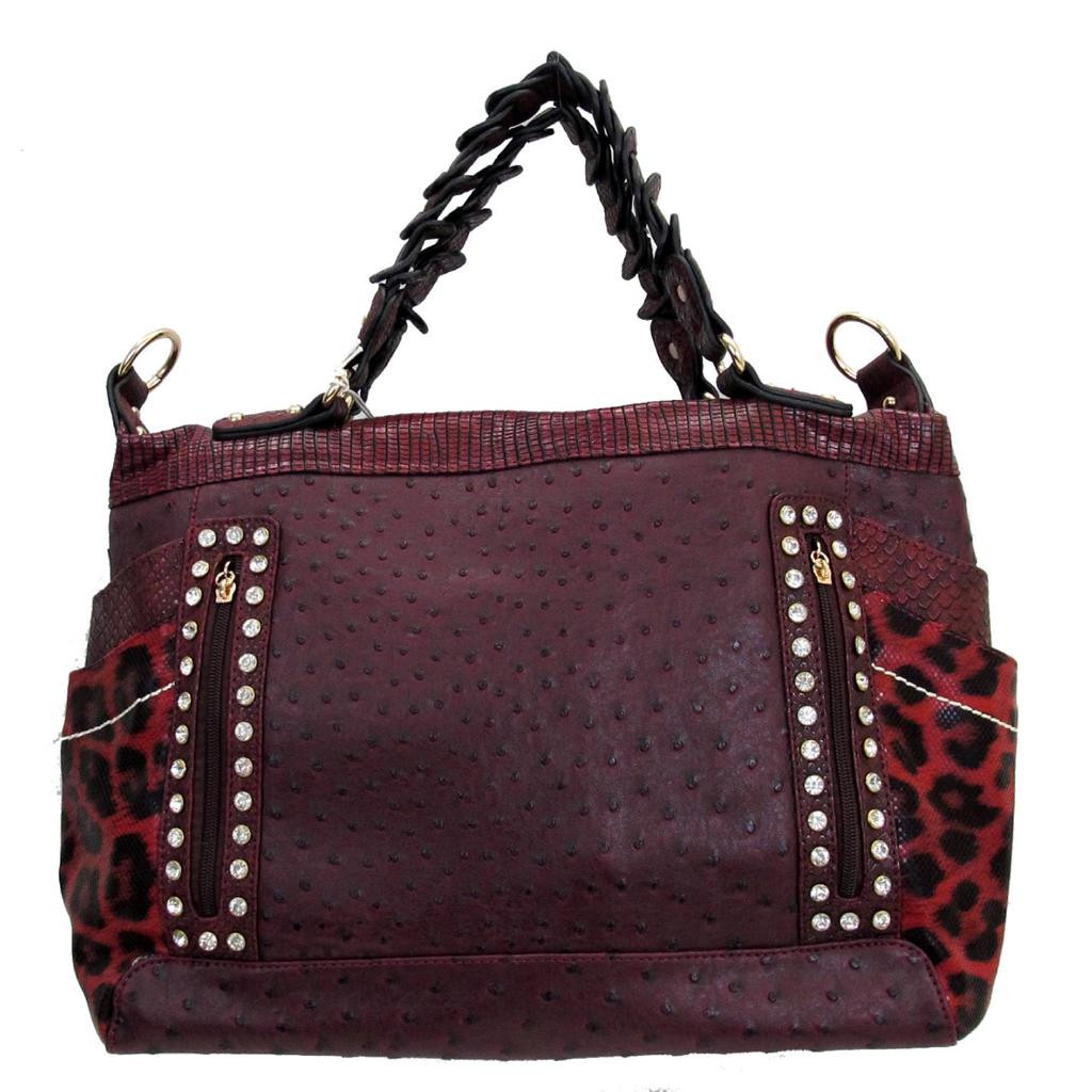 Red Faux Ostridge Skin w/ Red Leopard Large Handbag