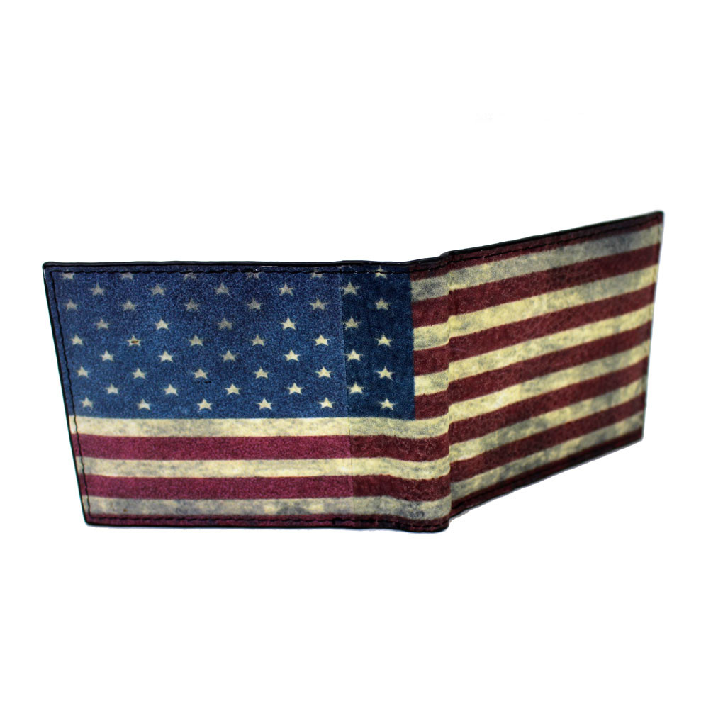 Men's Bi- Fold Black Leather Wallet American Flag Outside