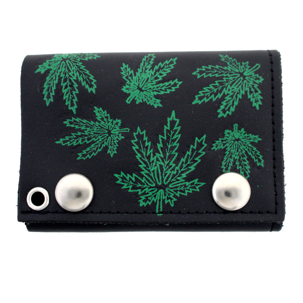 Black leather wallet with green marijuana leaves on outside.