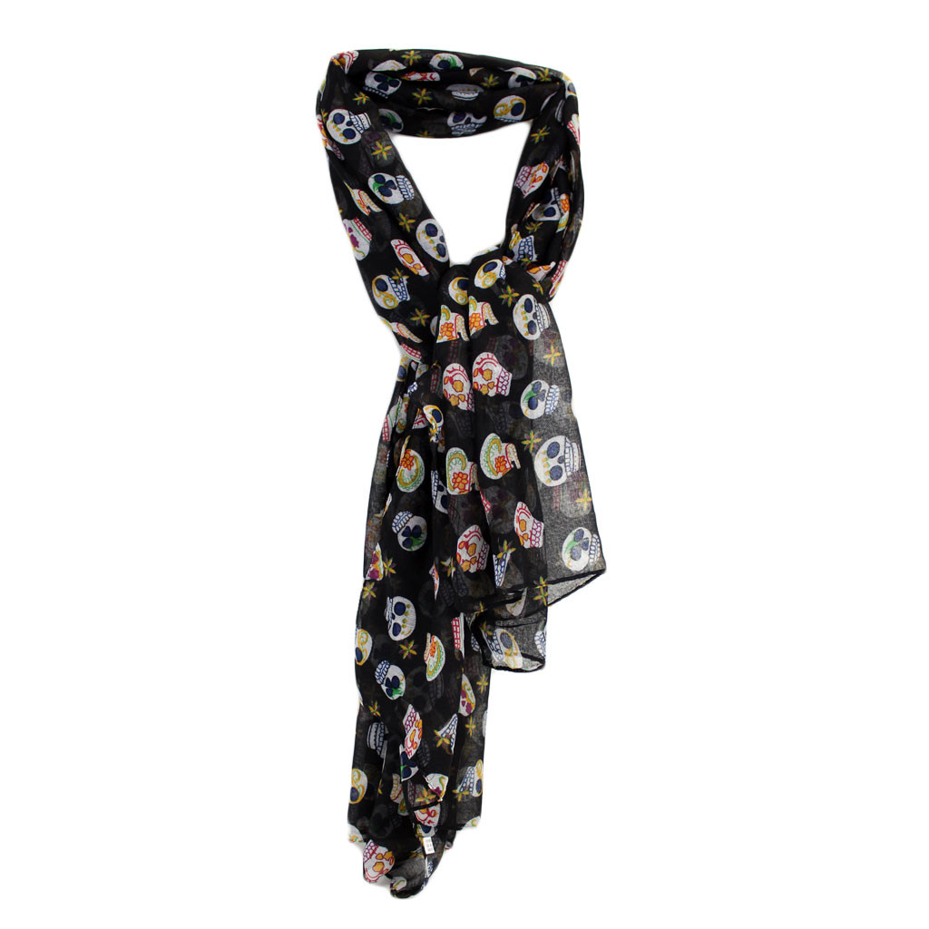 BLACK SCARF WITH DAY OF THE DEAD SKULL DESIGN | PURPLE LEOPARD BOUTIQUE