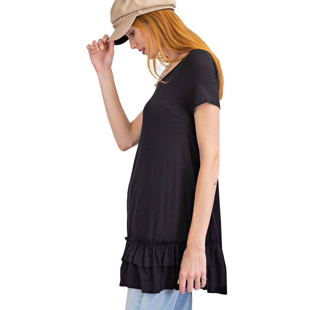 SHORT SLEEVE BLACK RUFFLE TUNIC | PURPLE LEOPARD BOUTIQUE