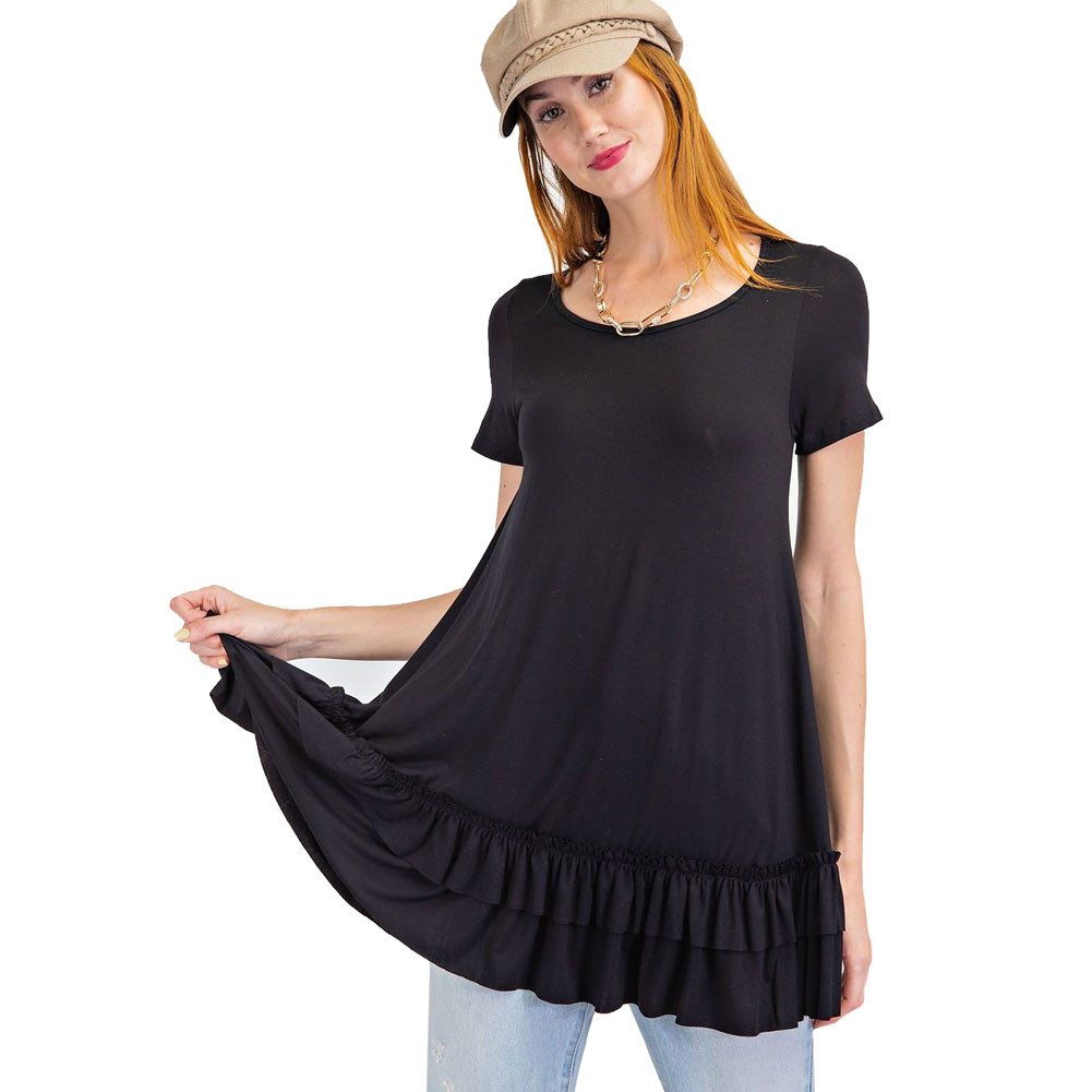 SHORT SLEEVE BLACK RUFFLE TUNIC | PURPLE LEOPARD BOUTIQUE