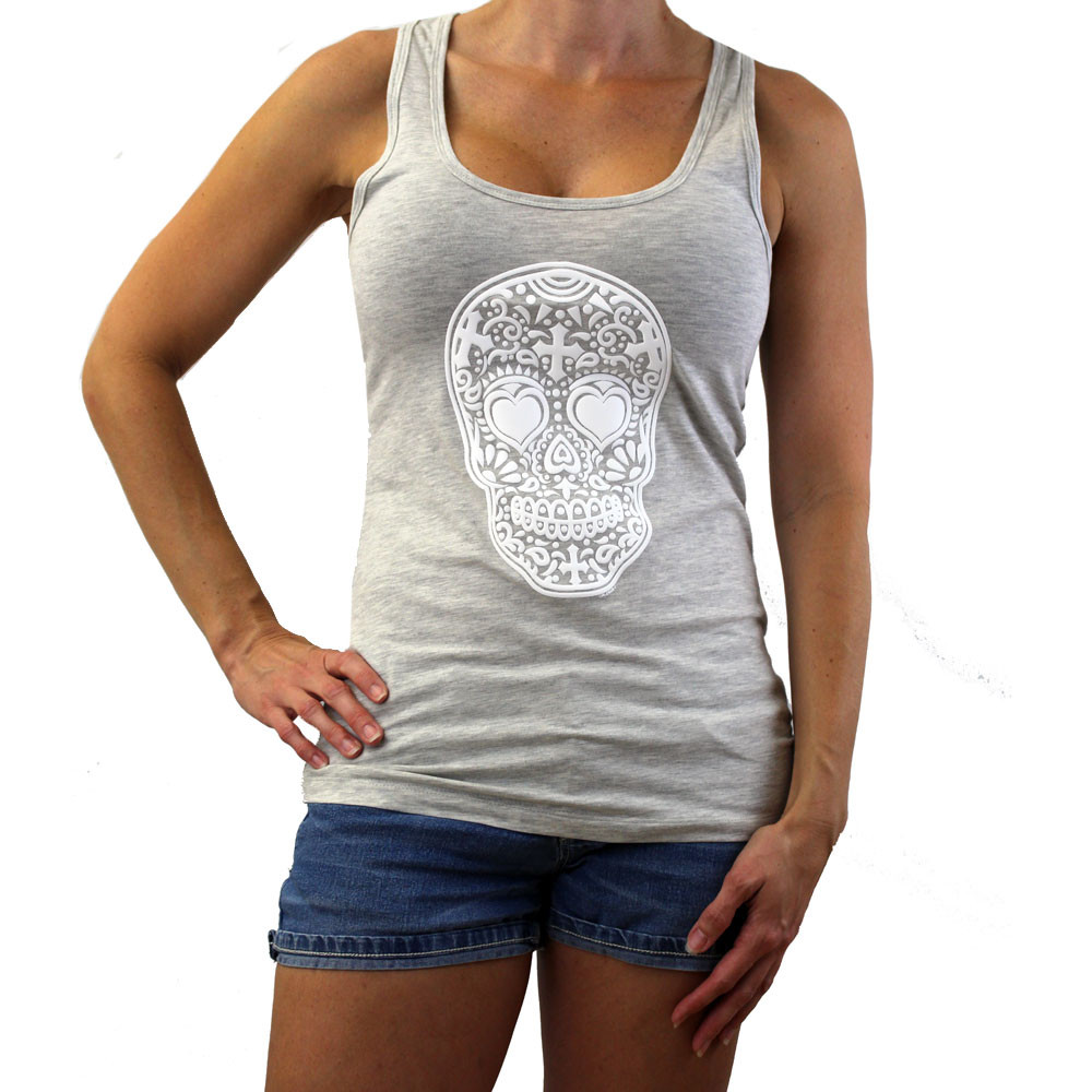 Women's Heather Gray Cotton Tank Top with White Day of the Dead Skull ...