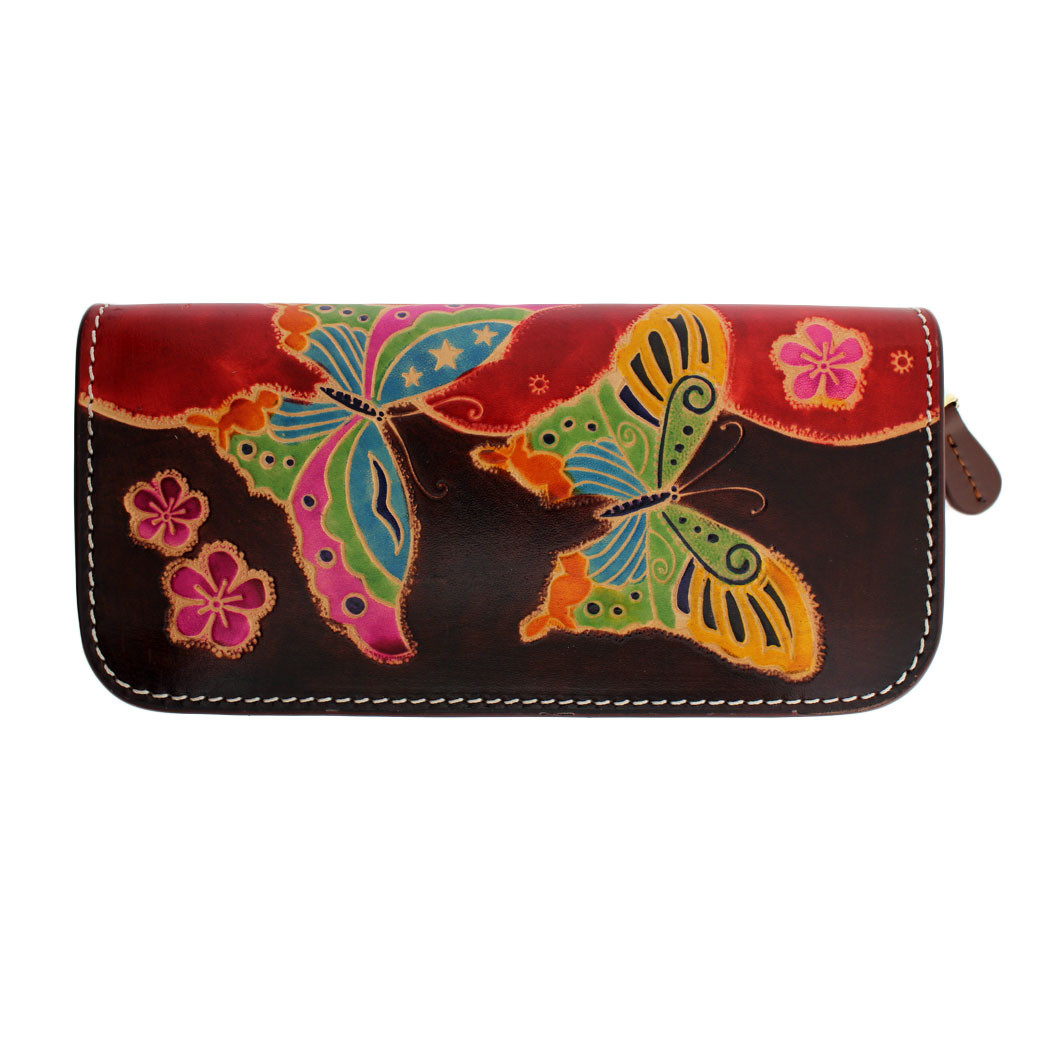 Handmade Butterfly Leather Zip Around Wallet - Purple Leopard Boutique