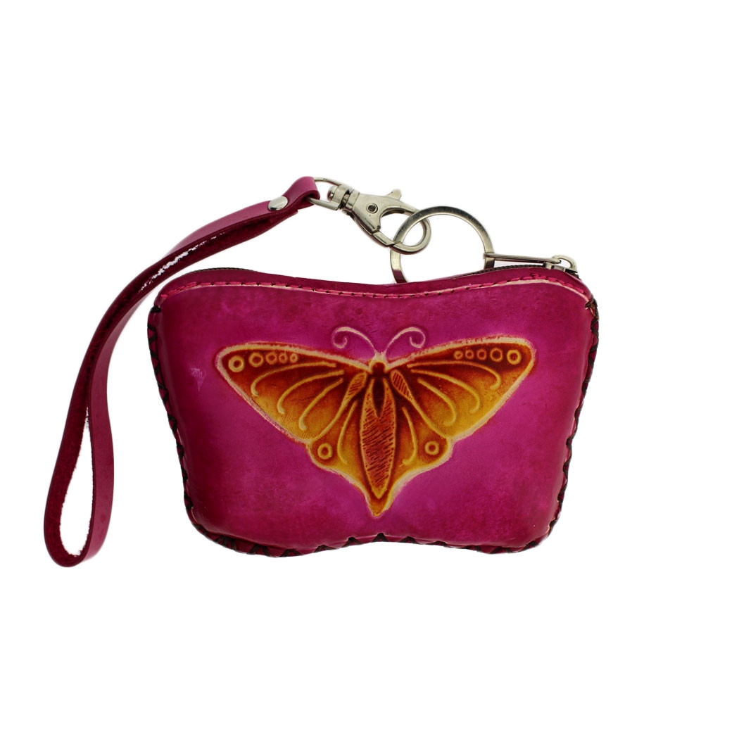 Pink Leather and Colorful Butterfly Coin Purse with Strap - Purple ...