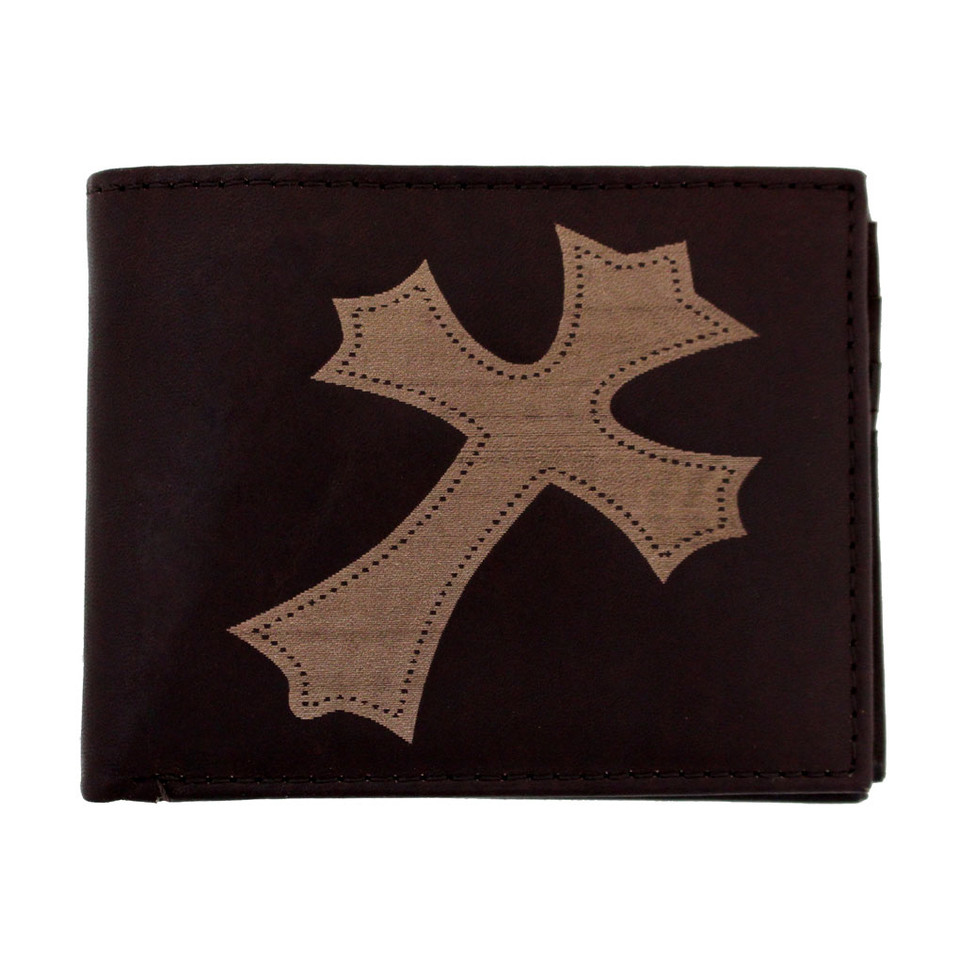 Men's Brown Genuine Leather Wallet Billfold with Gothic Cross - Purple ...