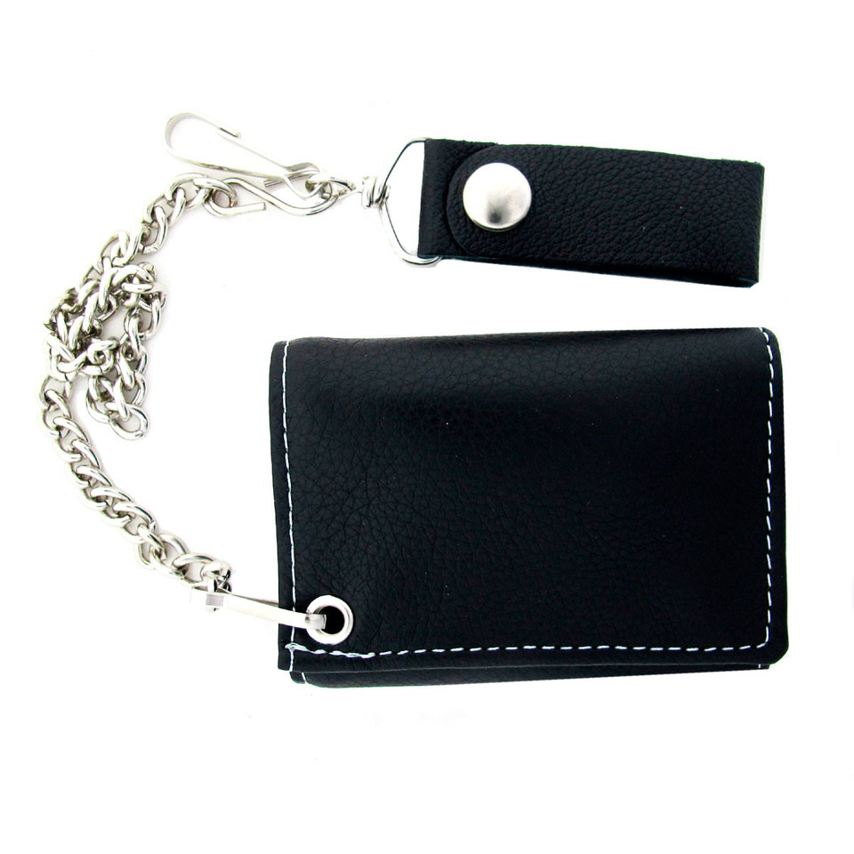 Black Trifold Wallet with Round Rivets and chain.