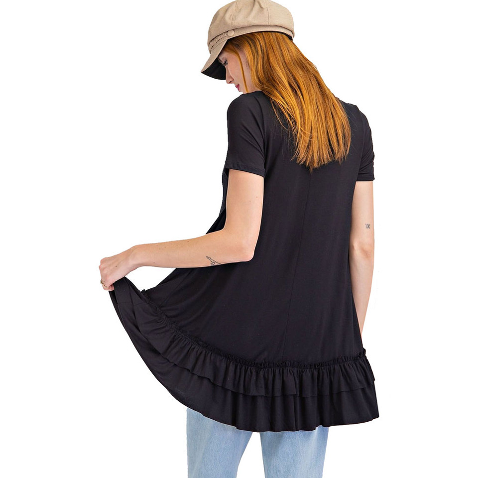 SHORT SLEEVE BLACK RUFFLE TUNIC | PURPLE LEOPARD BOUTIQUE