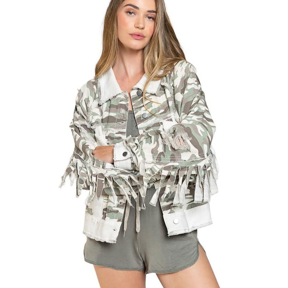 POL CLOTHING CAMO FRINGE JACKET | PURPLE LEOPARD BOUTIQUE