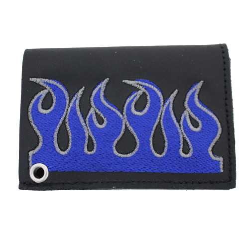 Men's Black Wallet Genuine Leather Trifold with Embroidered Blue Flames ...