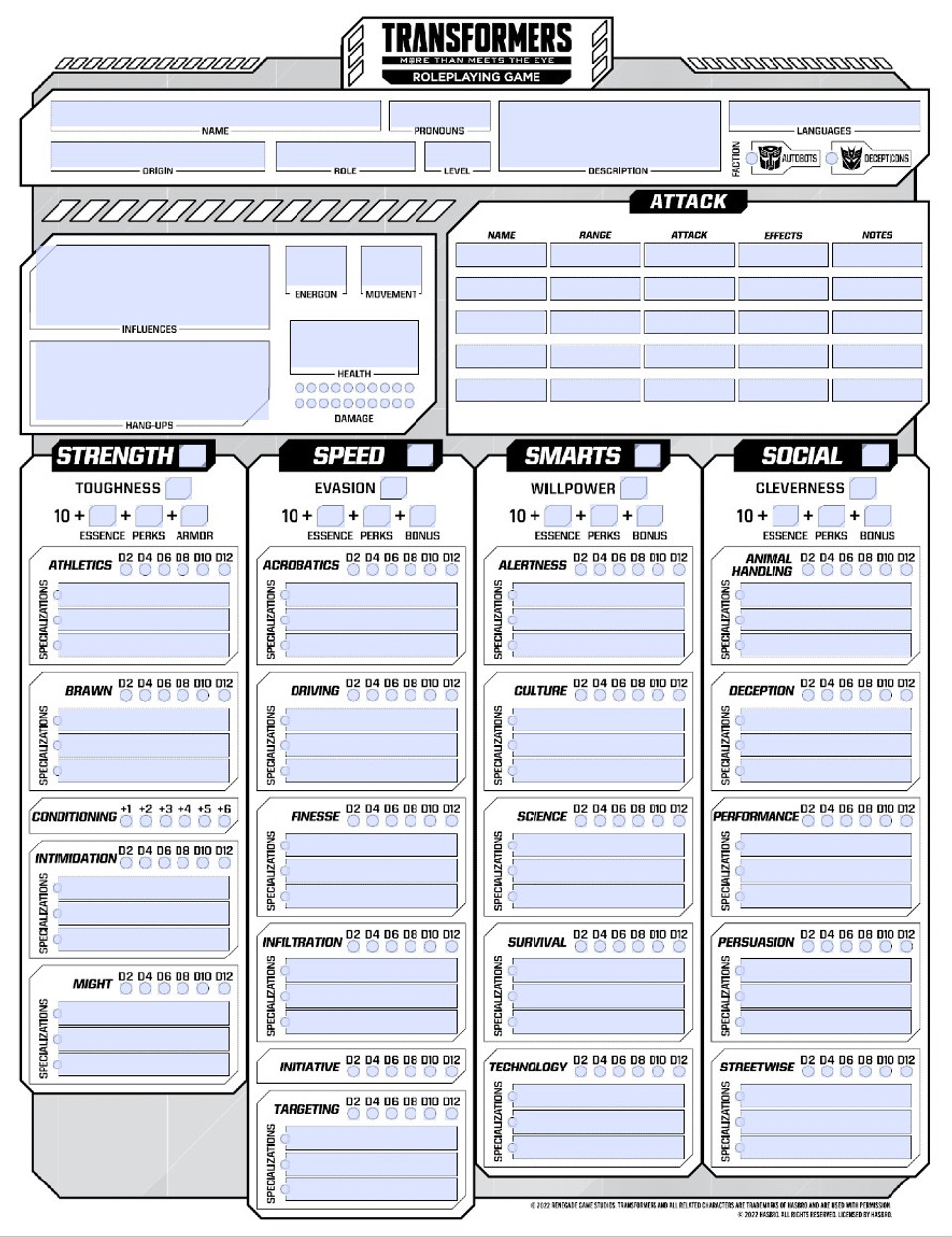 Power Rangers Roleplaying Game Fillable PDF Character Sheet