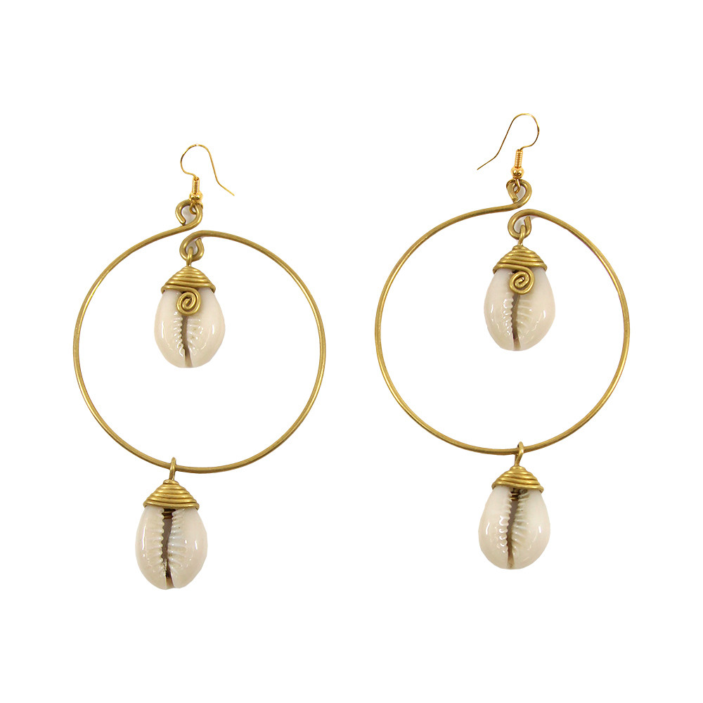 Kenyan Brass Circle & Cowrie Shell Earrings - Africa Imports