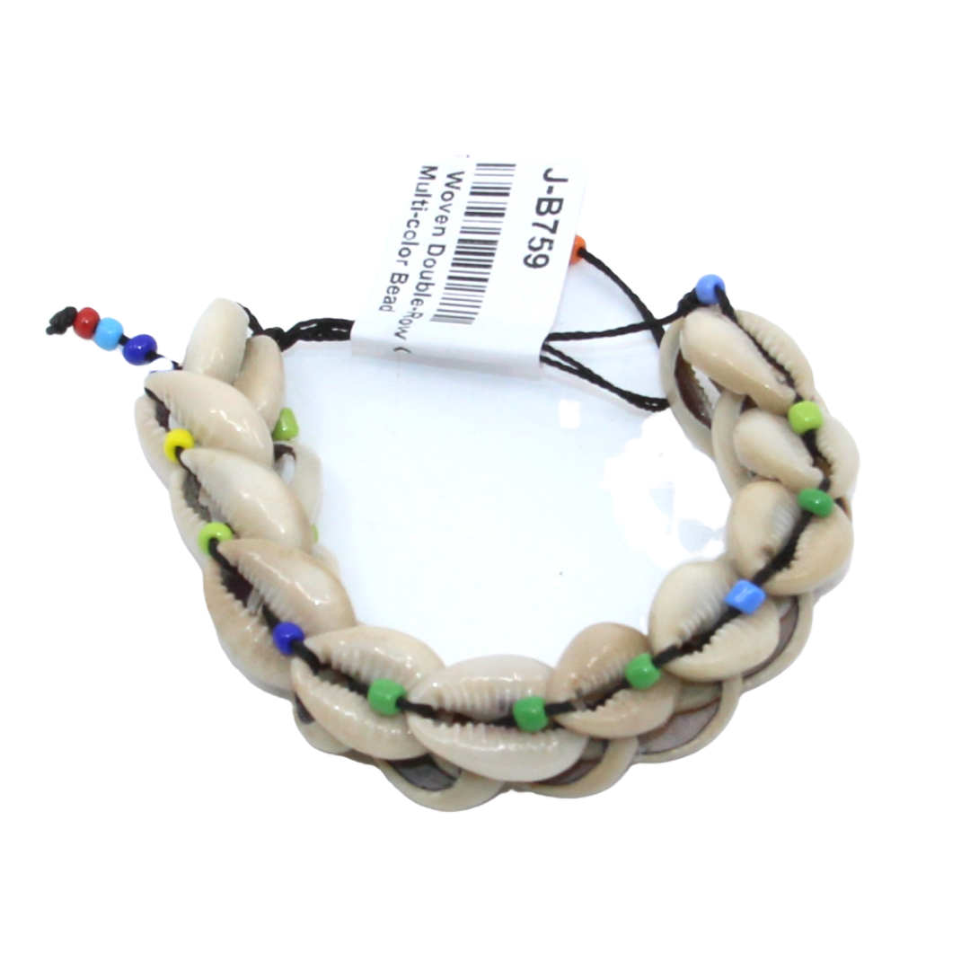 Woven Double-Row Cowrie Shell Bracelet - Multi-color Bead - Africa Imports