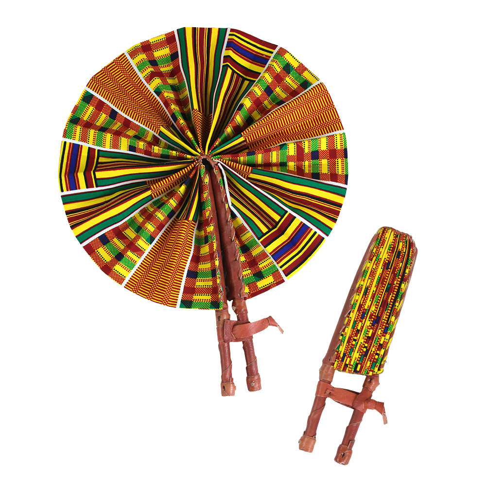 African Kente #1 Leather Folding Fan - Hand-woven fans | Africa Imports