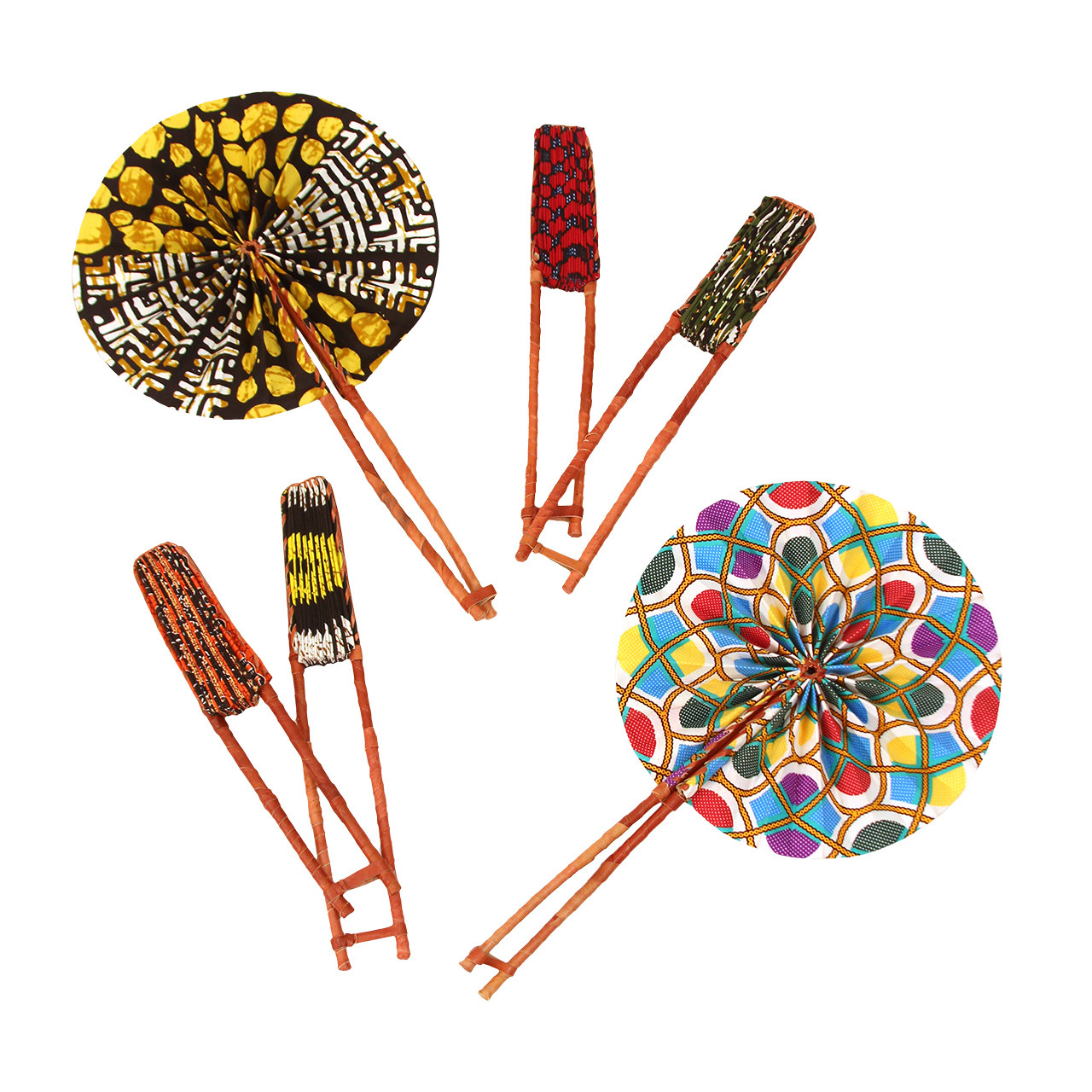 Long Handle African Folding Fans 13" - Assorted Prints - Africa Imports