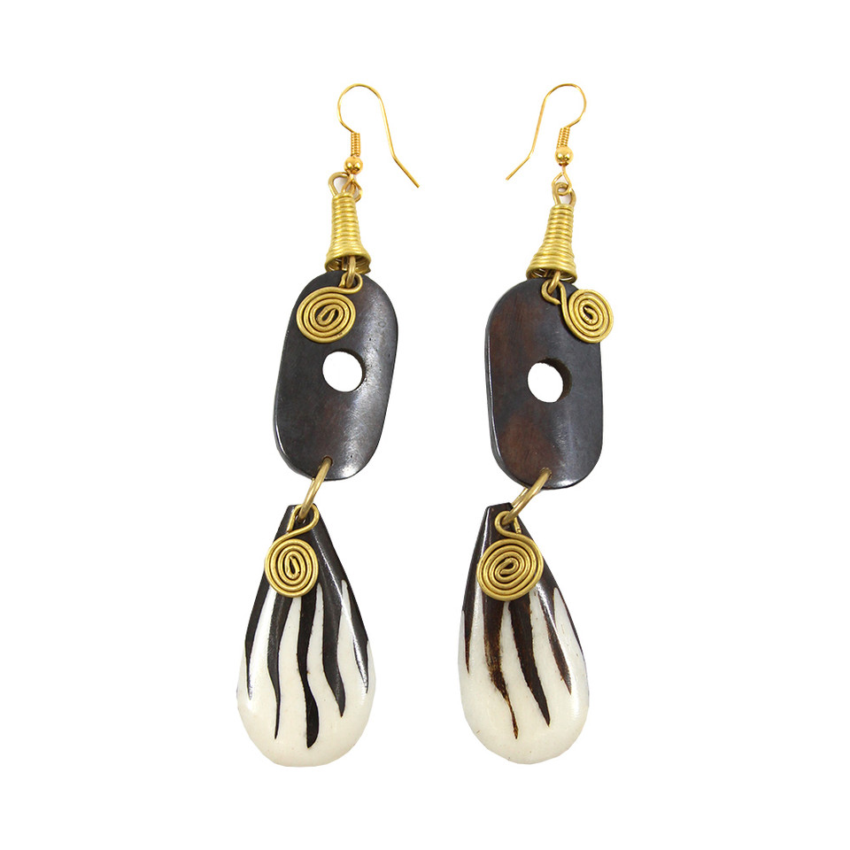 Kenyan Brass Spiral & Bone Artisan Earrings - Dark Brown & White ...