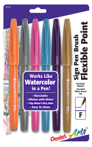 Pentel Arts Sign Pen, Brush Tip, Assorted Fashion Colors, 6 Pens ...
