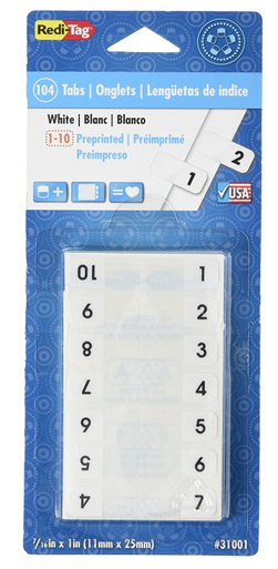 Index Tabs, 7/16in. x 1in., White, Pre-Printed Numbers 1-10, 104 Tabs ...