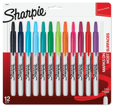 Permanent Markers, Fine Point, Assorted Colors, Retractable, 12 Markers ...
