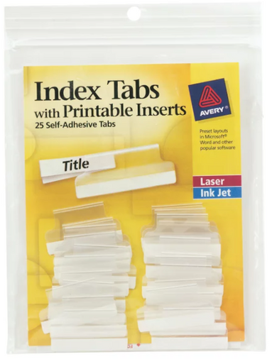 Insertable Tabs, 1", Clear, Self-Adhesive, Printable Inserts, 25 Tabs