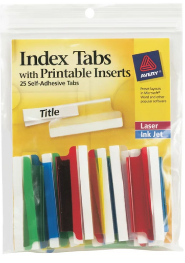 Insertable Tabs, 2", Assorted Colors, Self-Adhesive, Printable Inserts, 25 Tabs