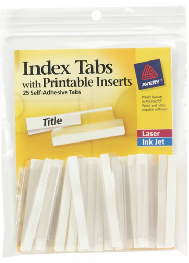 Insertable Tabs, 2", Clear, Self-Adhesive, Printable Inserts, 25 Tabs