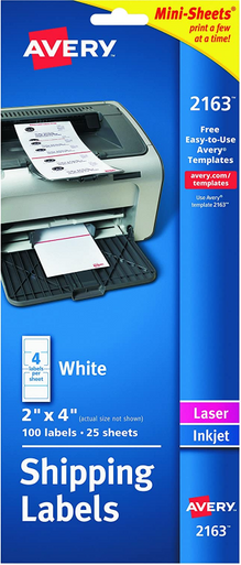 Shipping Labels, 2" x 4", White, Mini-Sheet, Permanent, 100 Labels ...