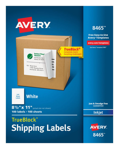 TrueBlock Shipping Labels, 8-1/2" x 11", White, Permanent, Inkjet, 100 ...