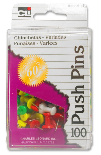 Push Pins, Assorted Colors, 100 Pins