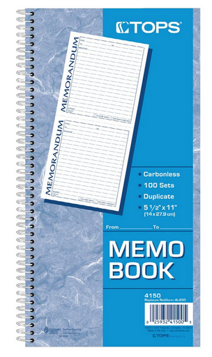 Memorandum Notebook, 5-1/2" x 11", White, 2-Part, Carbonless, 100 Sets ...