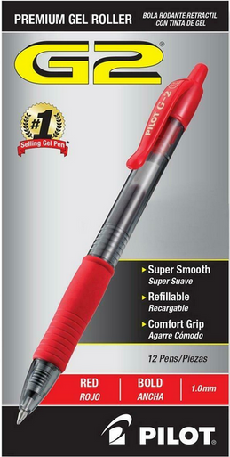 Pilot G2 Retractable Gel Roller Pen, Bold Point (1.0mm), Red - Fisher ...
