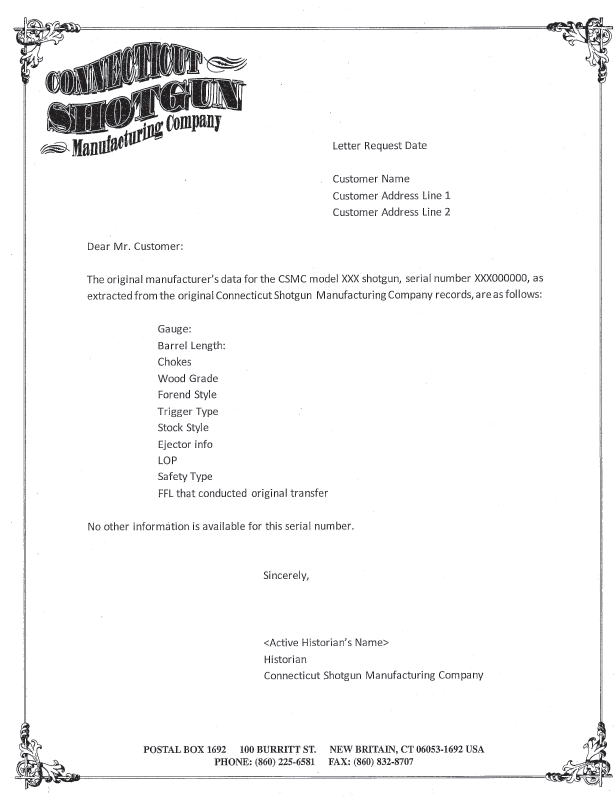 Factory Letter Request Service - Connecticut Shotgun Manufacturing Company