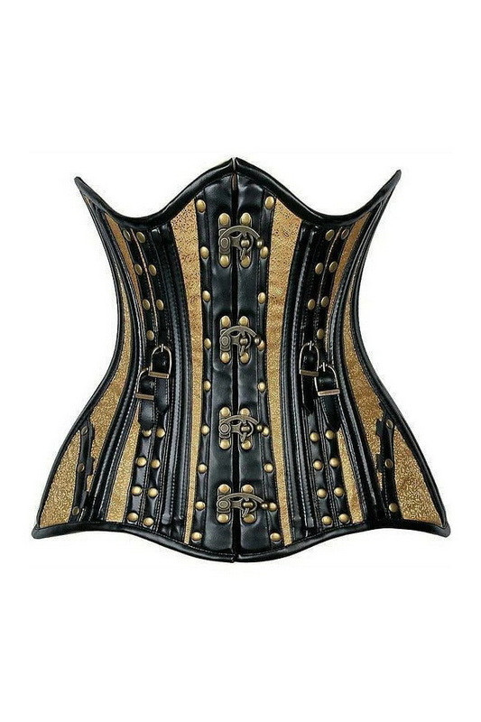 Plus Size Top Drawer Gold Brocade & Faux Leather Corset- Spicy Lingerie