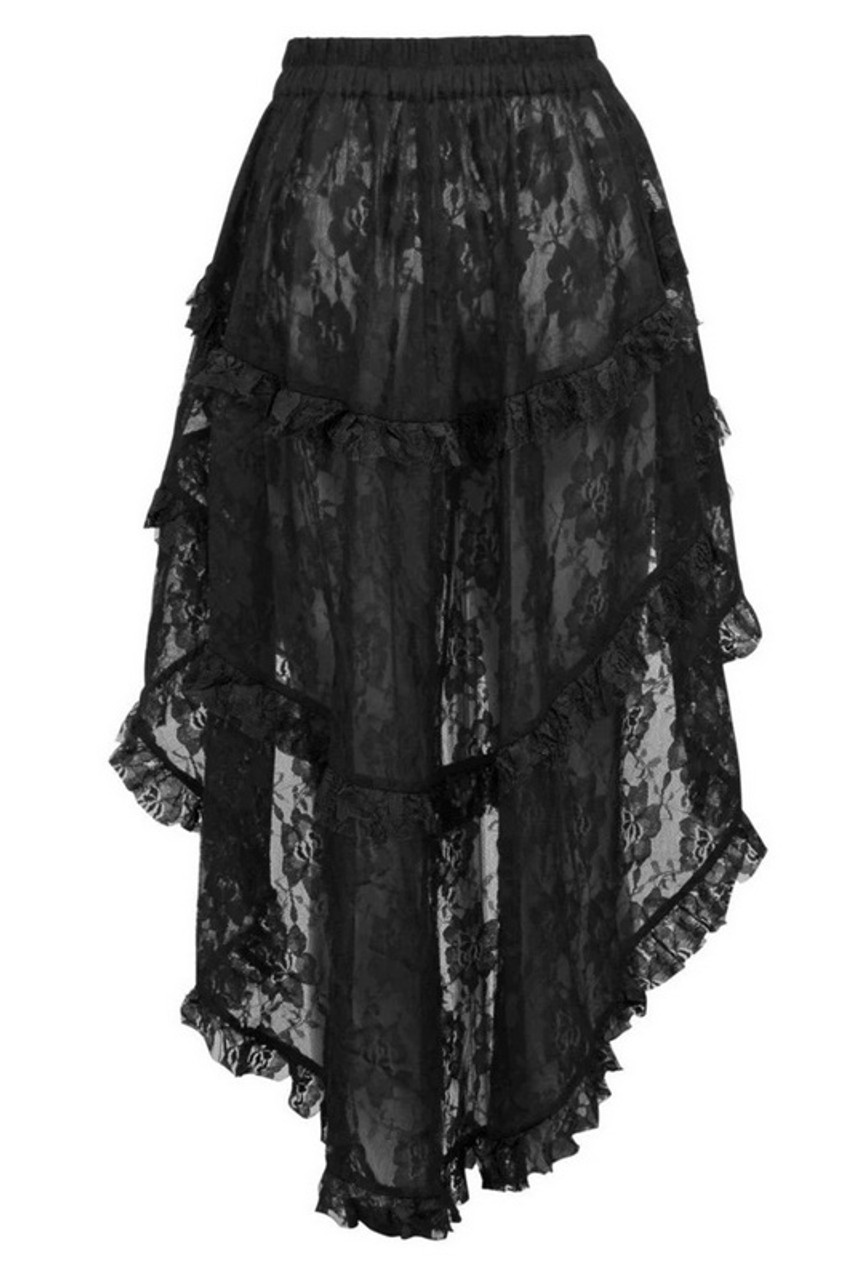 Plus Size Black Lace Ruched Front High Low Lace Skirt Spicy Lingerie
