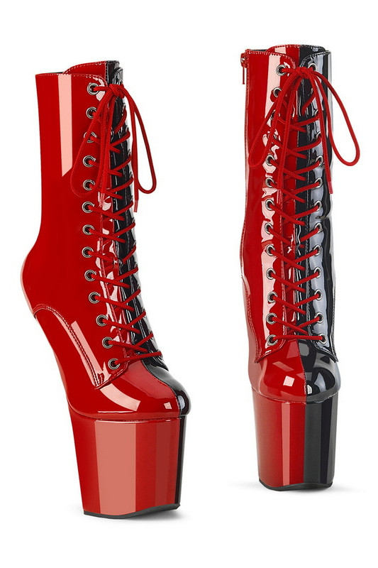 8" Heelless Red & Black Pat Lace Up Ankle Boots - Spicy Lingerie