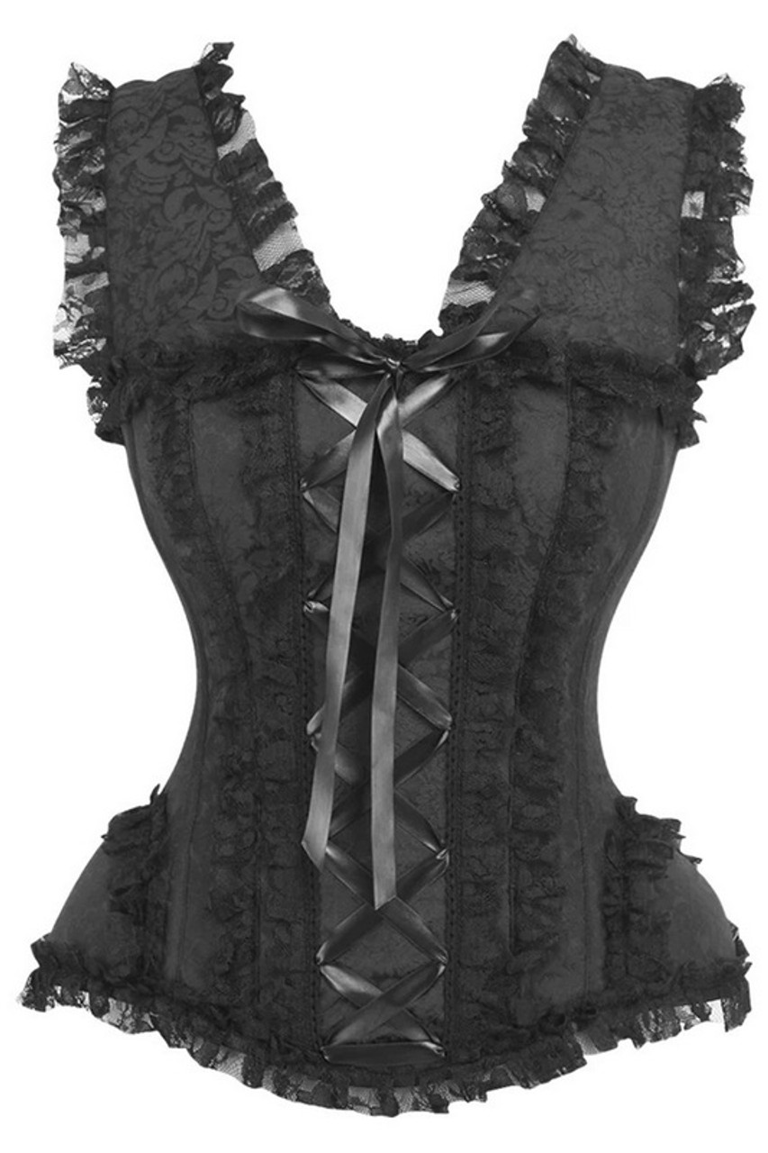 Plus Size Top Drawer Black Brocade And Lace Steel Boned Corset Spicy