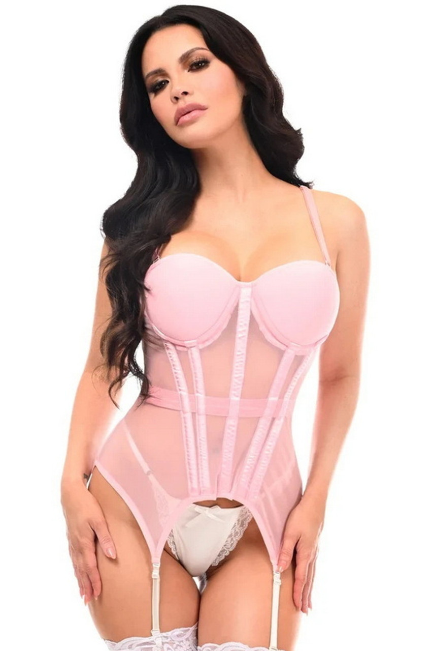 Plus Size Lavish Light Pink Mesh Gartered Bustier Corset Spicy Lingerie