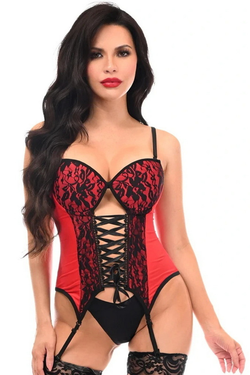 Lavish Red And Black Lycra Lace Up Gartered Bustier Corset Spicy Lingerie