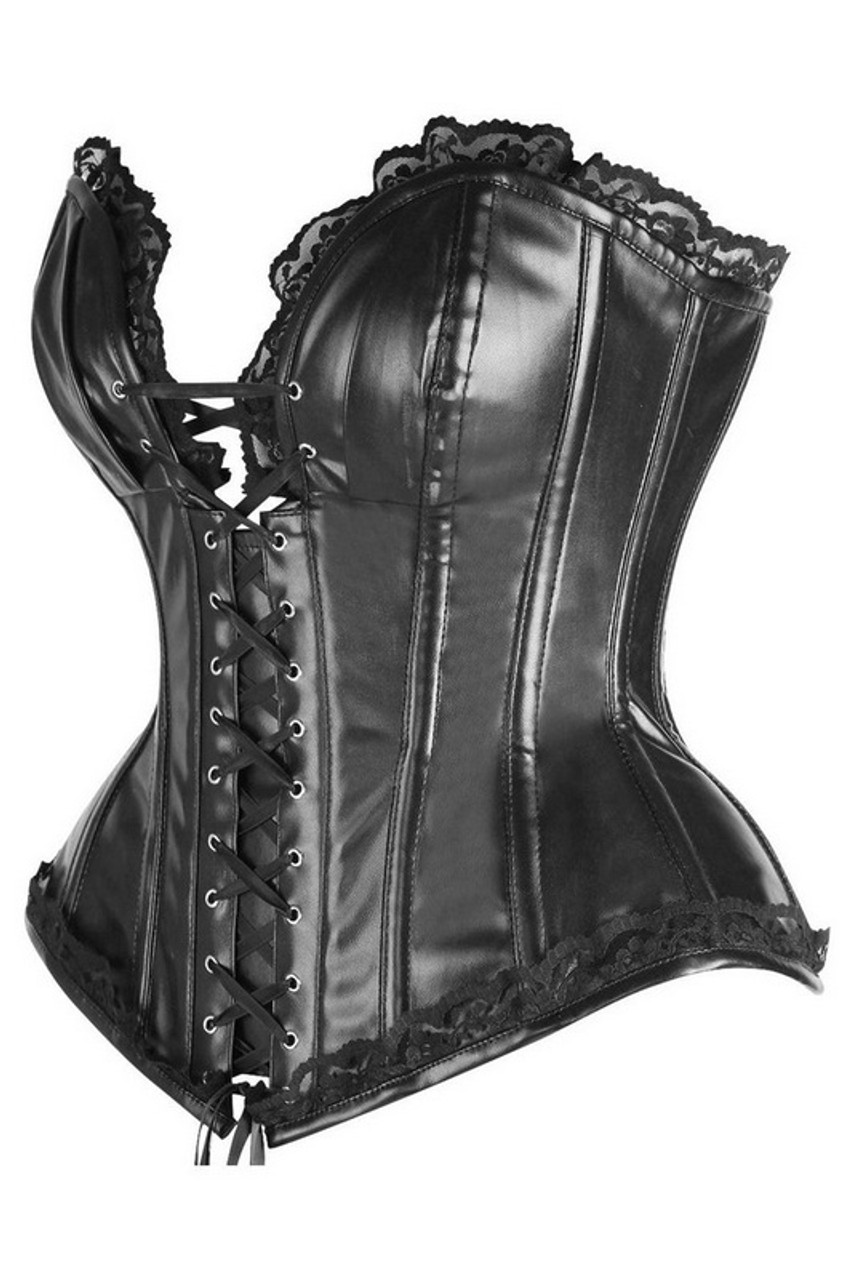 Top Drawer Black Faux Leather And Lace Trim Corset Spicy Lingerie