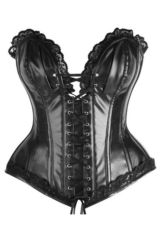 Plus Size Top Drawer Black Faux Leather & Lace Trim Corset - Spicy Lingerie