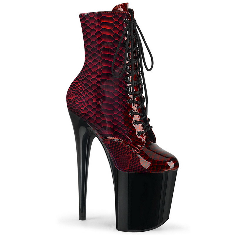 8" Heel Red Snake Print Lace-Up Front Ankle Boots- Spicy Lingerie
