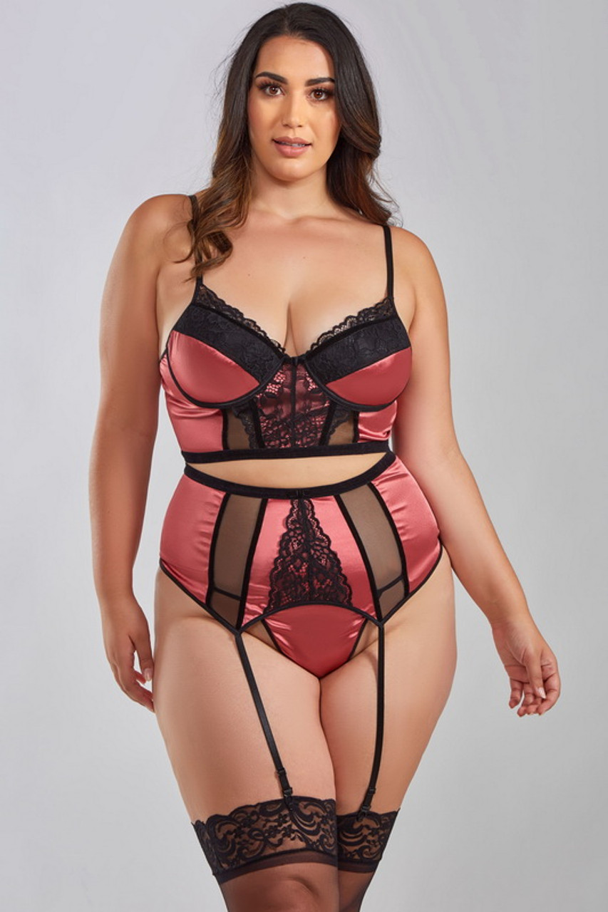 Plus Size Satin Mauve And Black Bra Set Spicy Lingerie