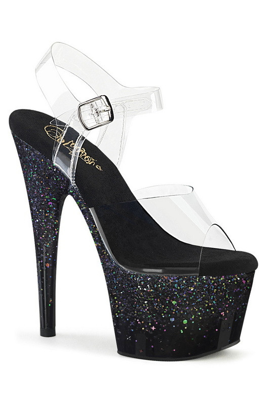 7" Heel Black Holographic Gradient Ankle Strap Sandals - Spicy Lingerie