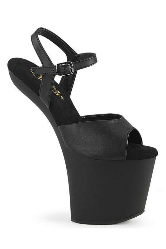 8" Heelless Black Faux Leather Ankle Strap Sandals - Spicy Lingerie