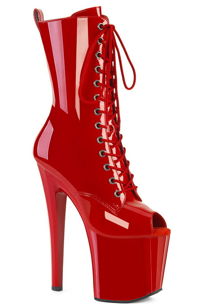 7 12 Red Patent Prismatic Base Peep Toe Ankle Boots Spicy Lingerie