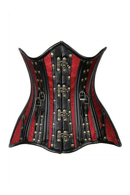 Plus Size Top Drawer Faux Leather And Wine Brocade Steel Boned Under Bust